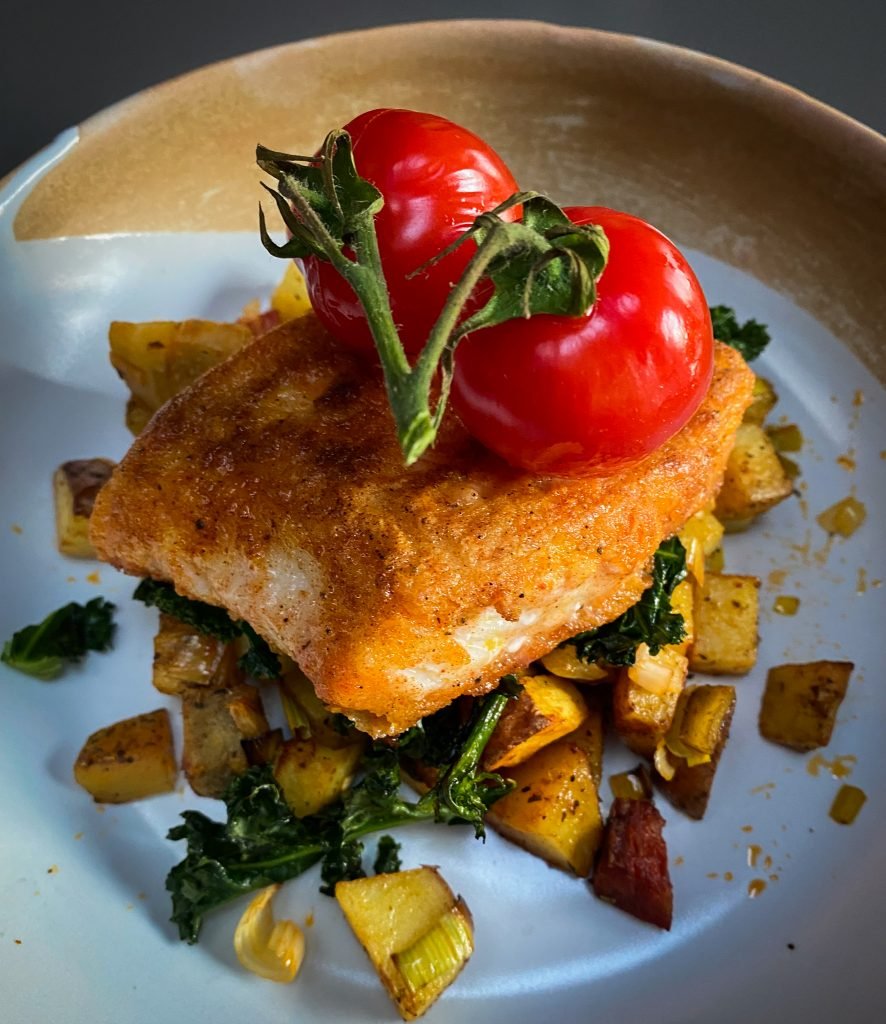 Mahaddie's | Crispy Marinated Cod with Chorizo Hash